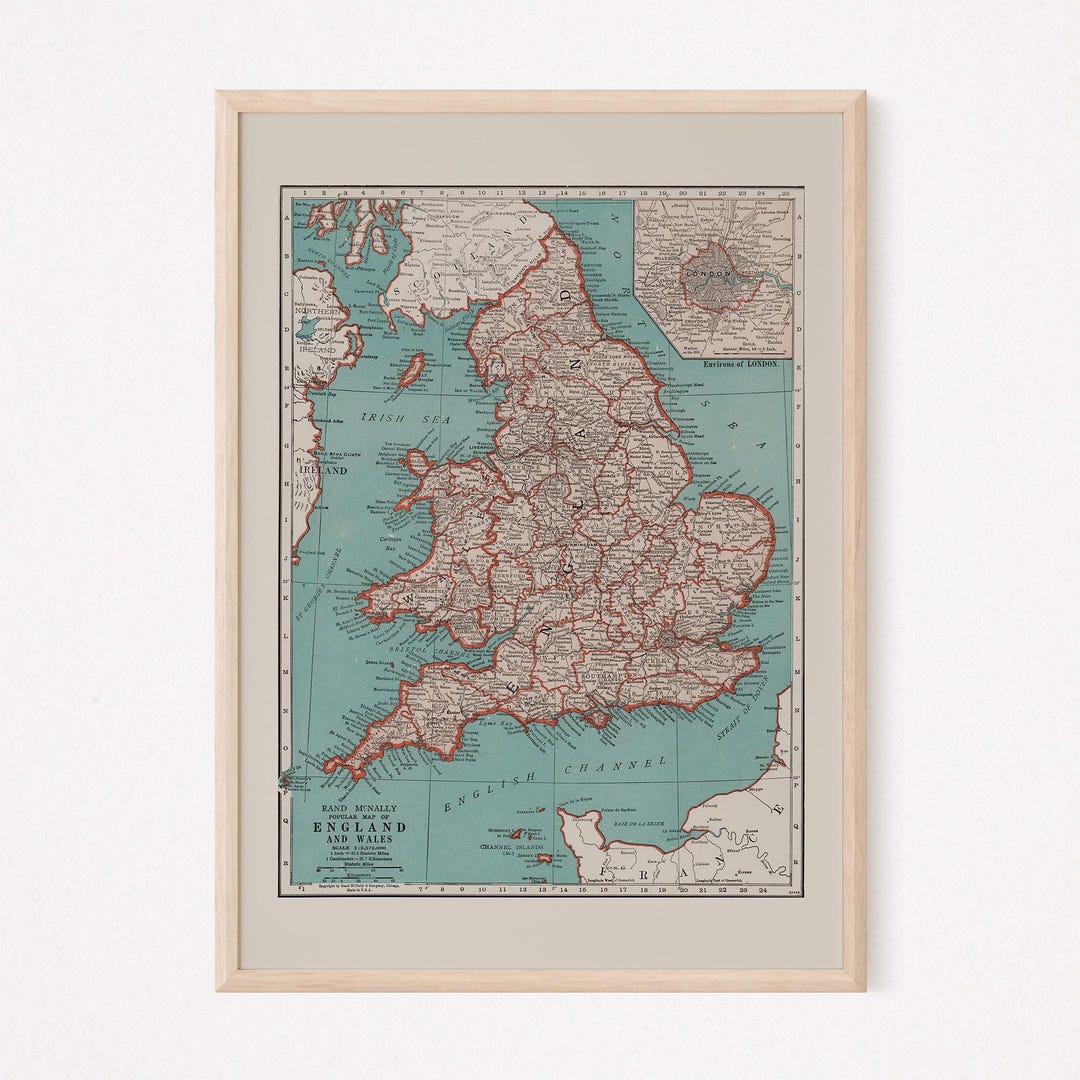VINTAGE ENGLAND MAP, Vintage Map of England Wall Art, Vintage Map ...