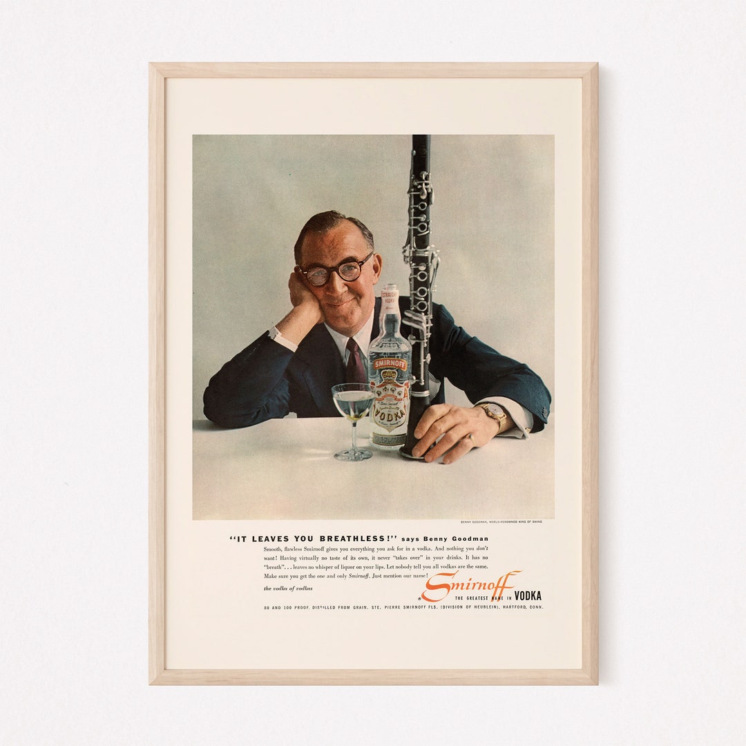VINTAGE VODKA AD, Classic Vodka Ad, Mid-century Poster Benny Goodman ...