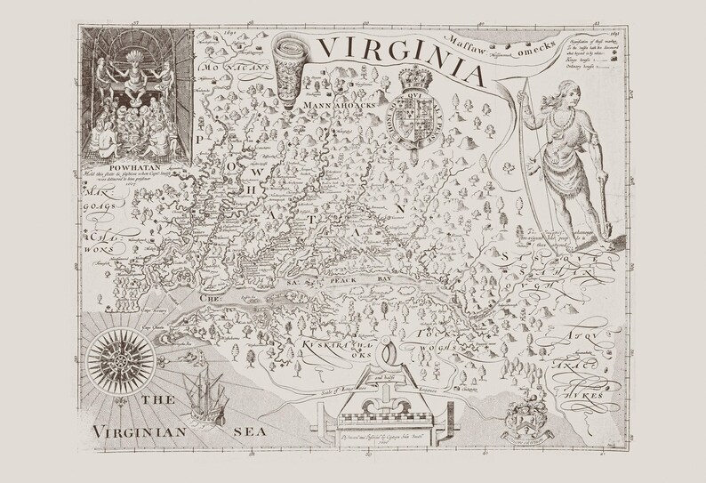 VINTAGE VIRGINIA MAP, Historical Map of Virginia, Powhatan Antique Map ...