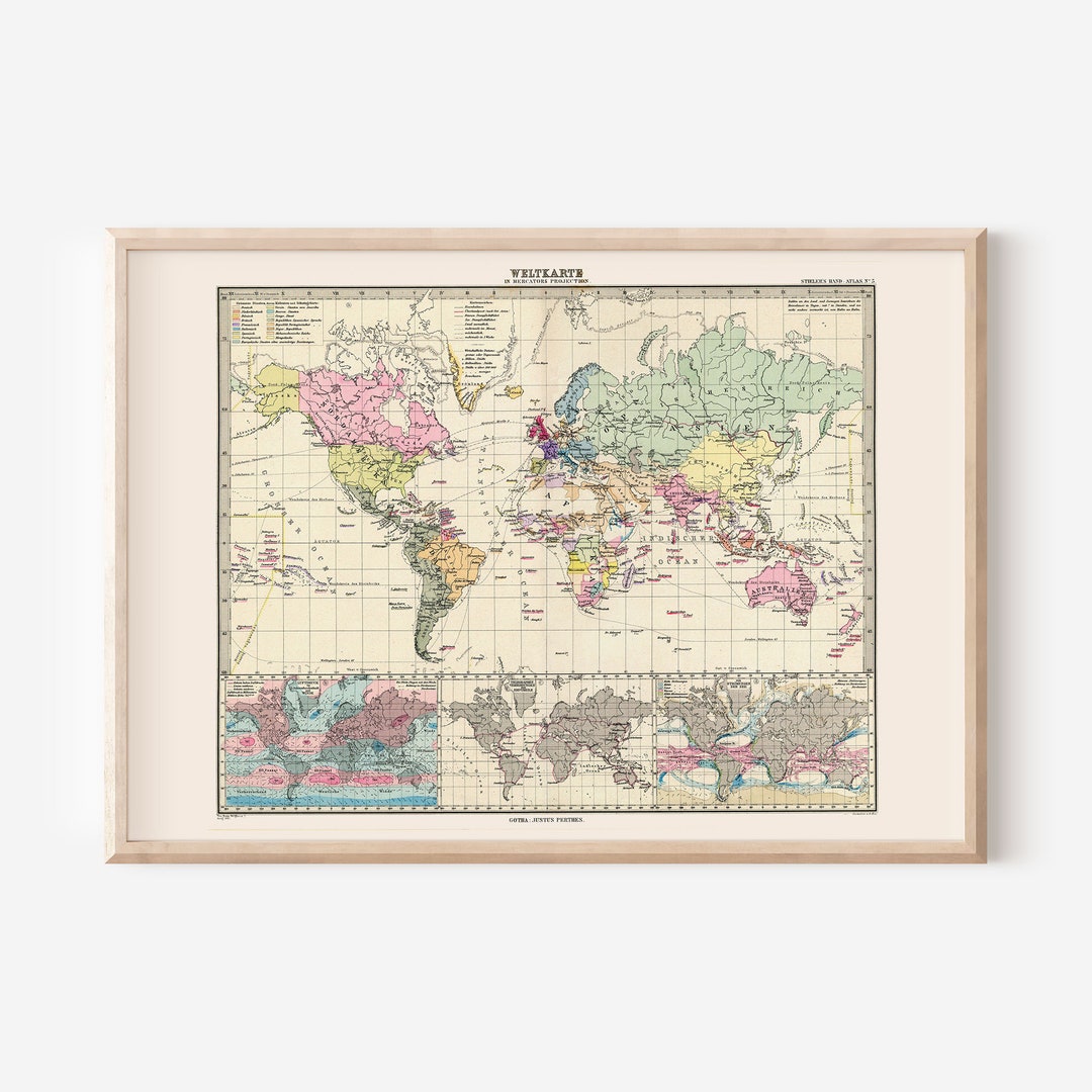 VINTAGE WORLD MAP, Professional Reproduction, Travel Wall Art Map of ...