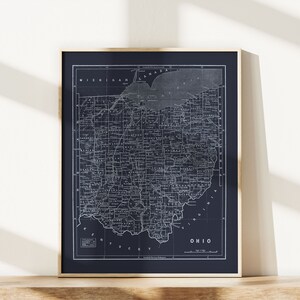 STATE of OHIO MAP, Blueprint Map of Ohio State, Vintage Map, Office ...