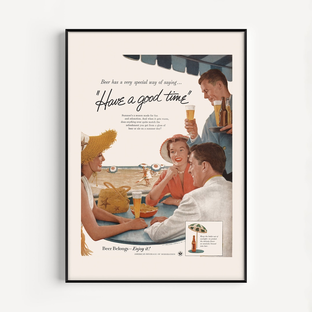 VINTAGE BEER AD, Retro Beer Lover Ad Poster, Barware Poster, 1950s ...