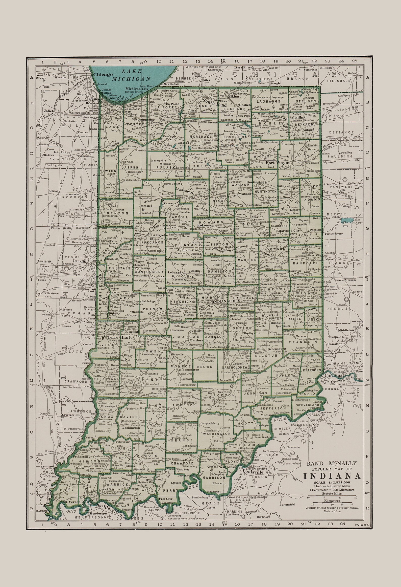 INDIANA MAP PRINT Vintage Map of Indiana Old Map Print - Etsy