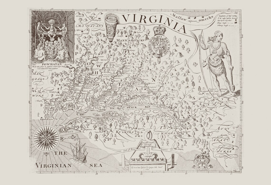 VINTAGE VIRGINIA MAP Historical Map of Virginia Powhatan - Etsy
