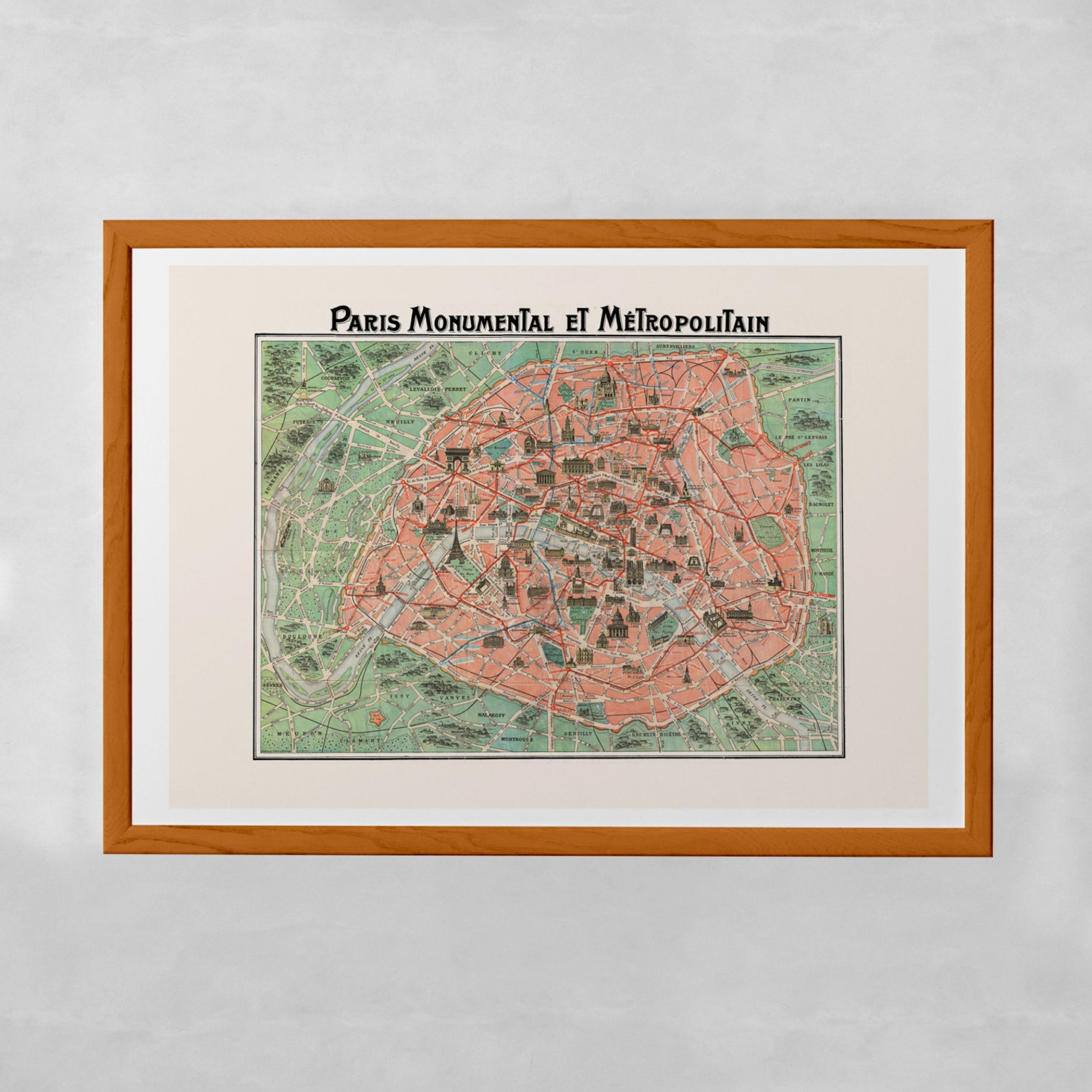 PARIS TOURIST MAP Paris Monumental Map Antique Home Decor | Etsy