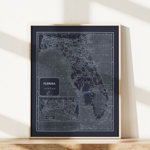 FLORIDA MAP, Blueprint Map of Florida, Vintage Map, Office Wall Art ...
