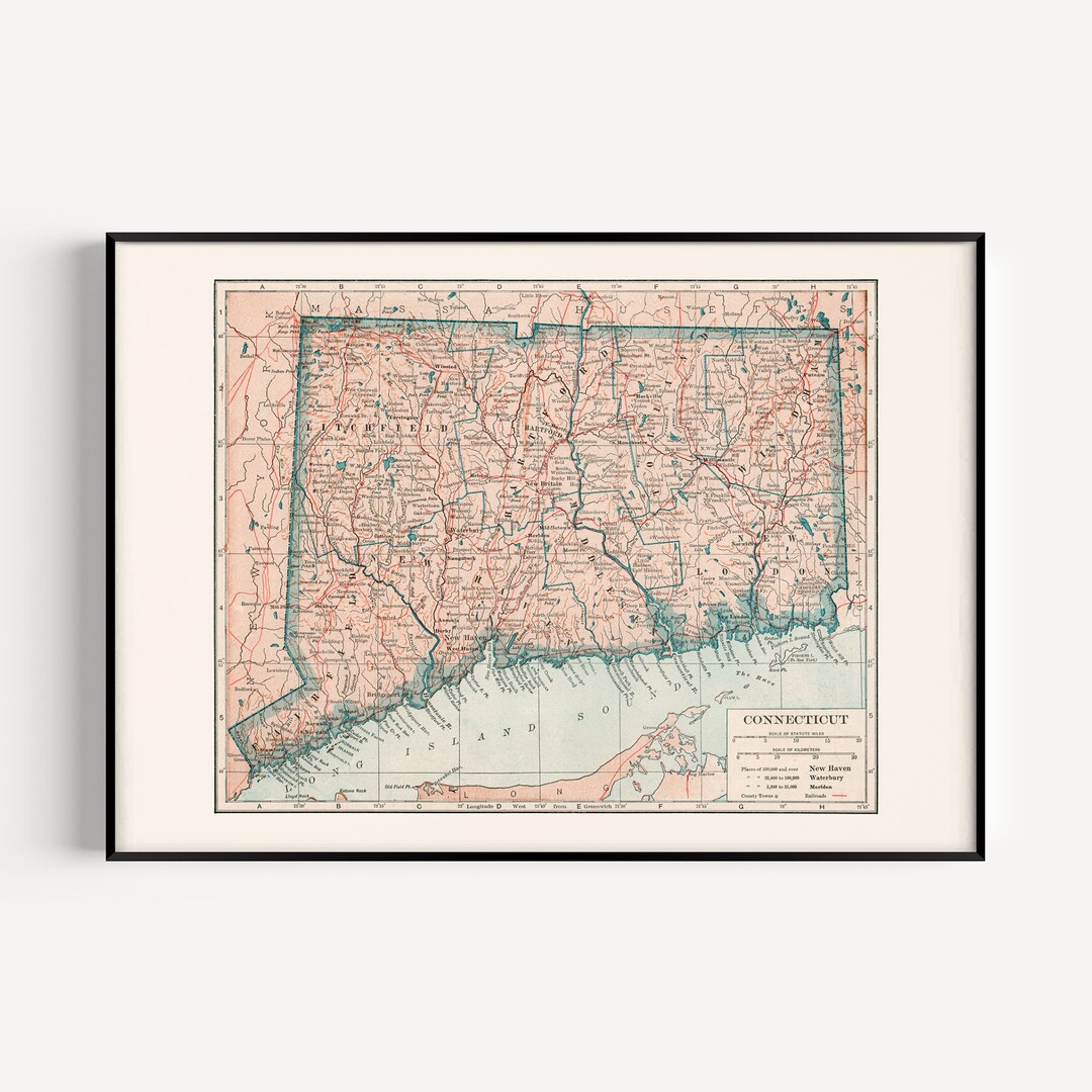 OLD CONNECTICUT MAP, Vintage Map of Connecticut, Retro Map Wall Art, Travel Classroom Poster ...