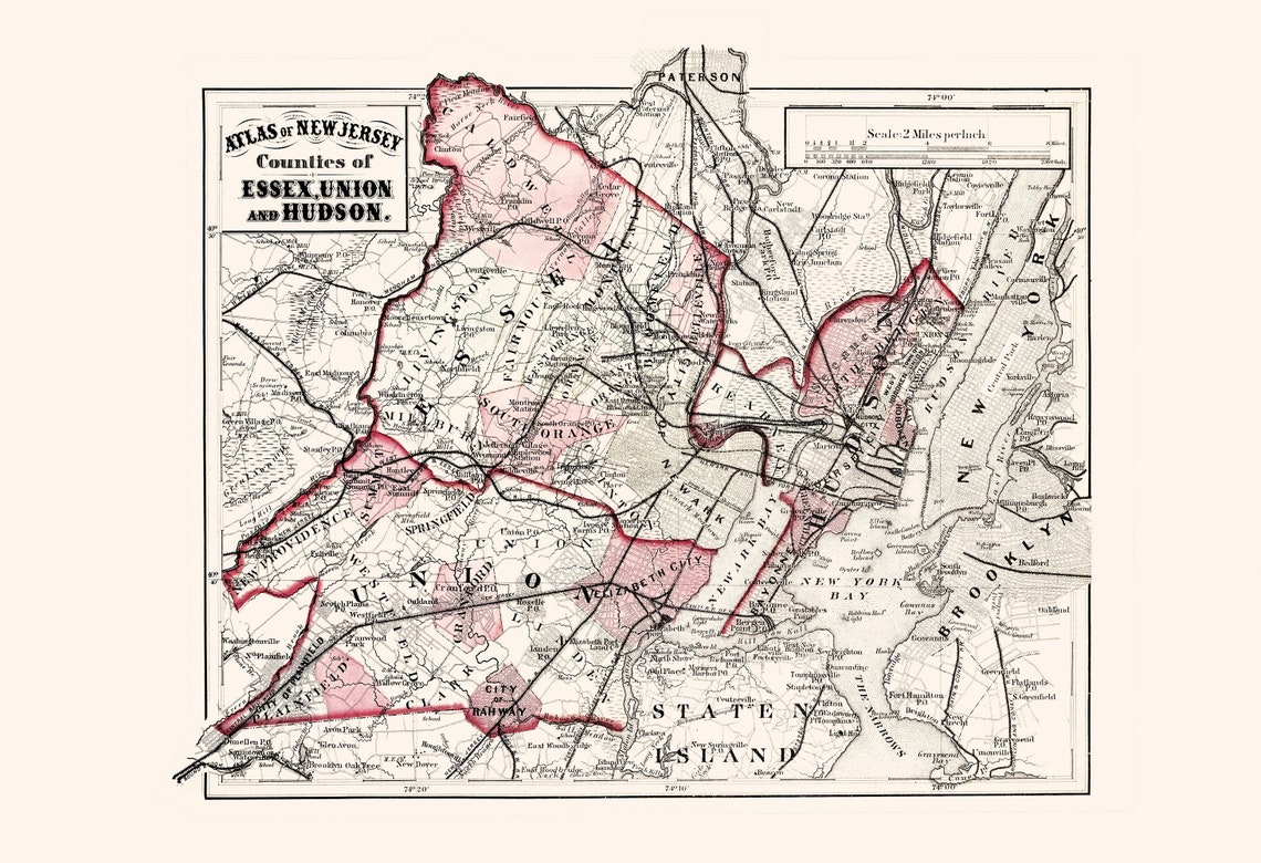NEW JERSEY MAP Essex County Map Hudson County Map Union - Etsy