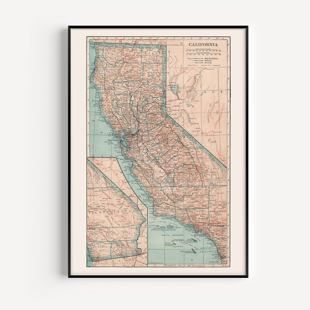 OLD CALIFORNIA MAP, Vintage Map of California, Retro Map Wall Art, West ...