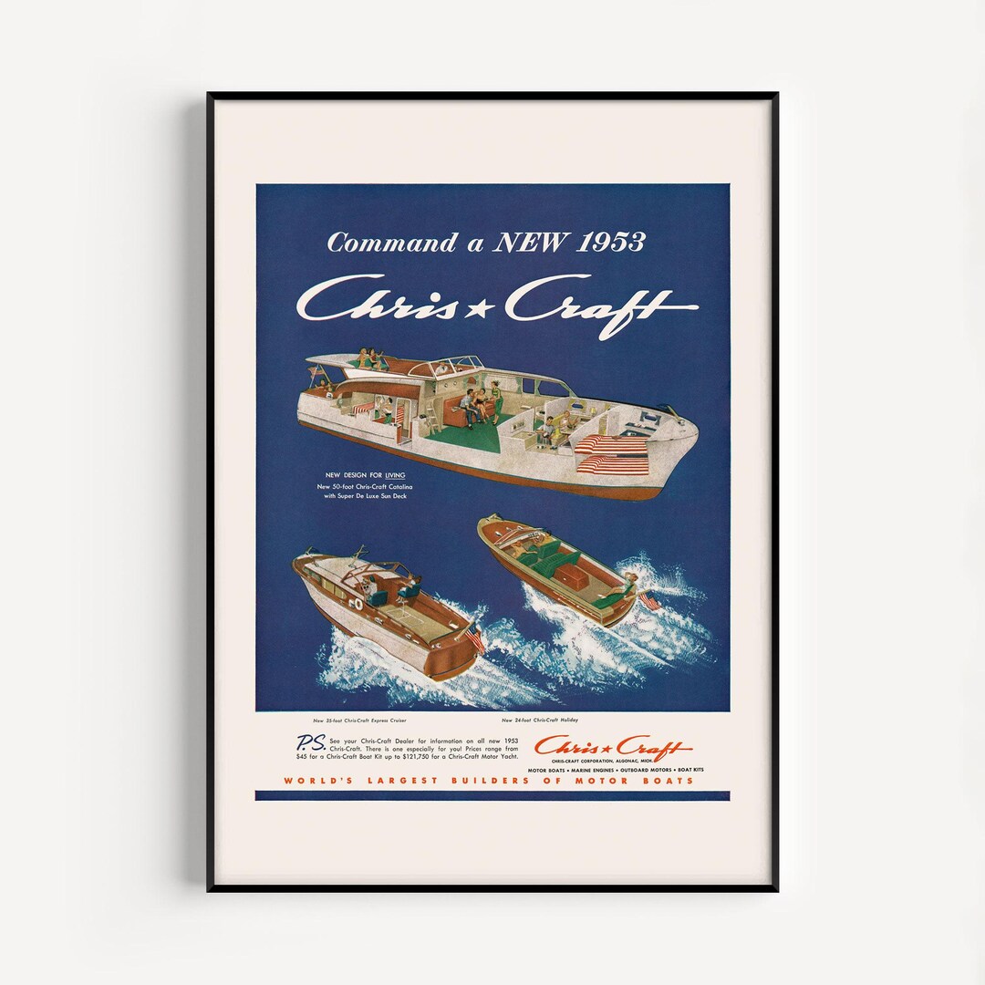 MOTOR BOATS POSTER, Vintage Ad Print, 1950s Boat Ad, Classic Nautical ...