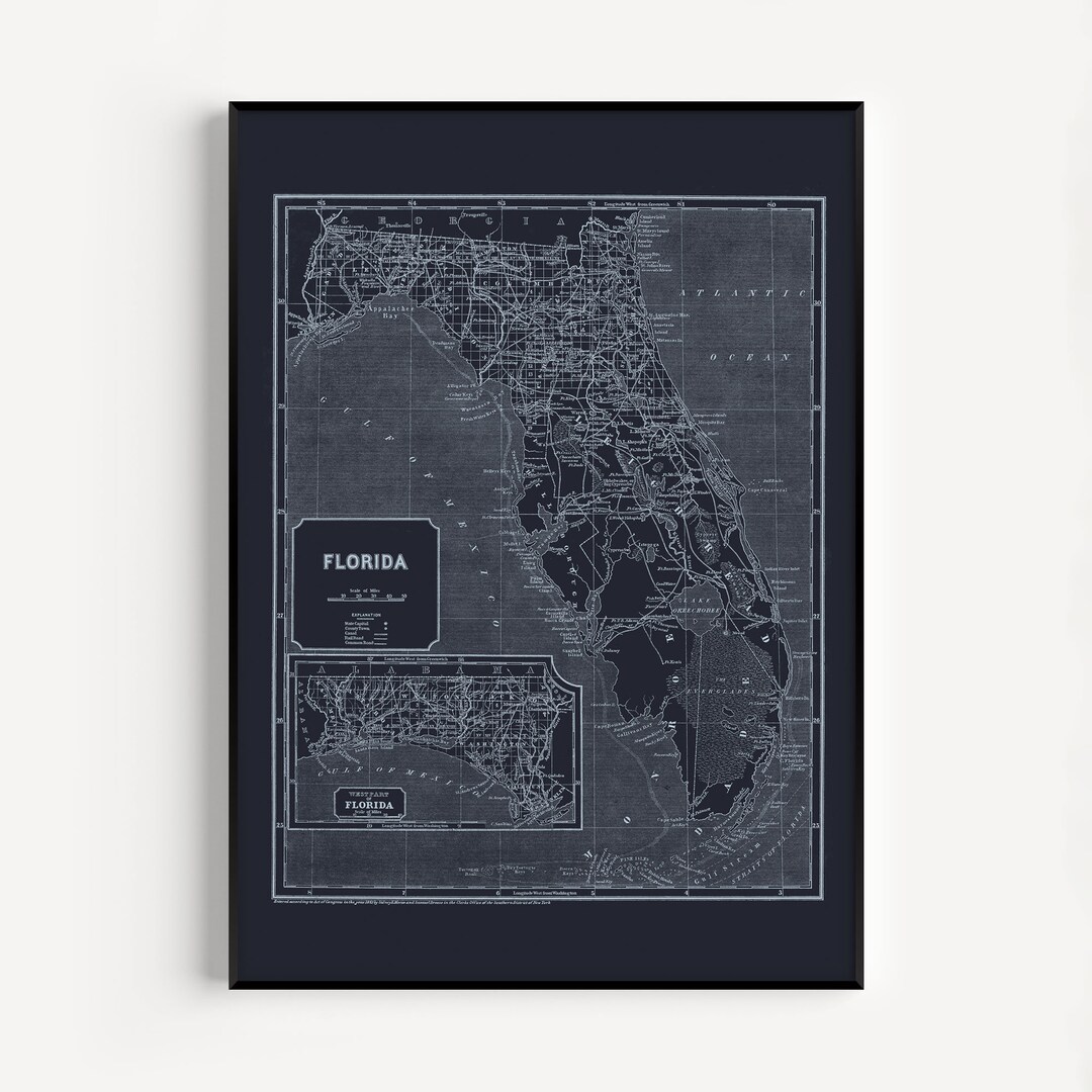 FLORIDA MAP, Blueprint Map of Florida, Vintage Map, Office Wall Art ...