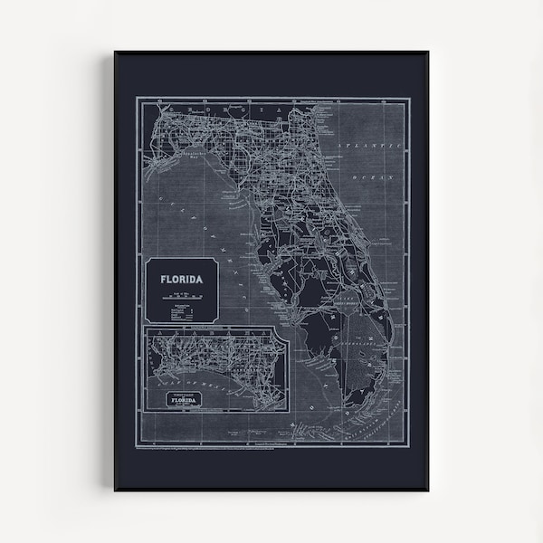 Blueprint Map of Florida - Etsy