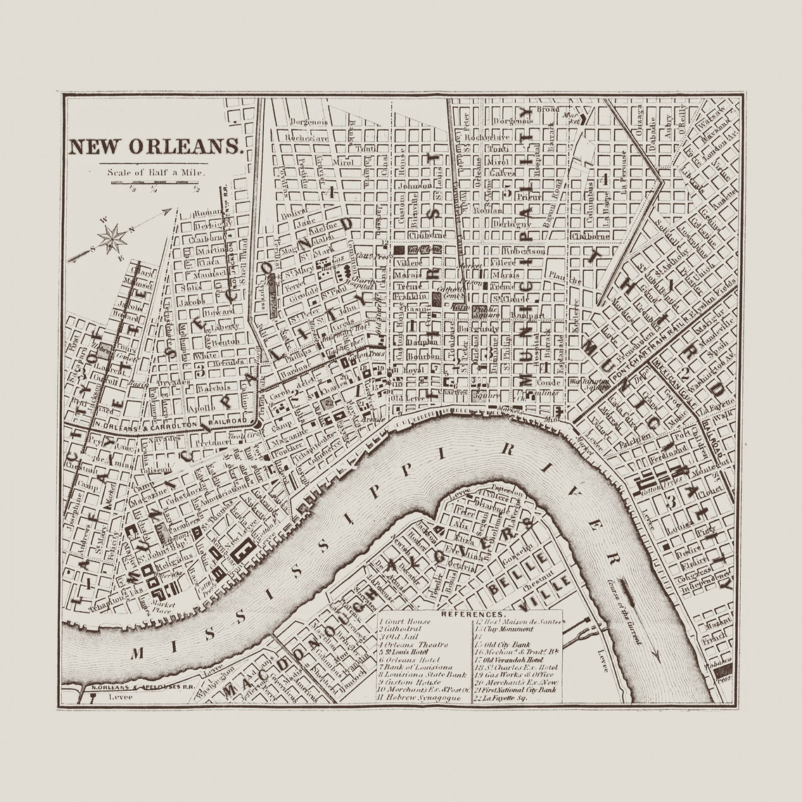 Vintage NEW ORLEANS Map Retro NOLA Map Print Minimalist Map - Etsy