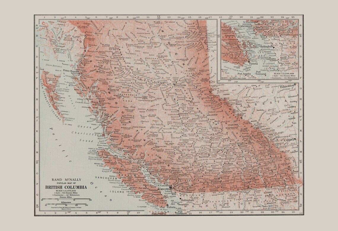 BRITISH COLUMBIA MAP Vintage Map of B.C. Canada Wall Art - Etsy