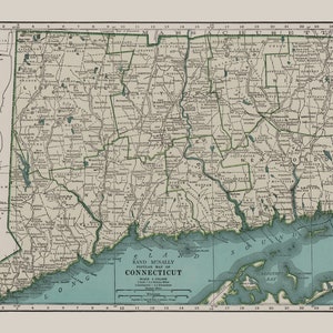 VINTAGE CONNECTICUT MAP, Vintage Map of Connecticut U.S.A. Wall Art ...