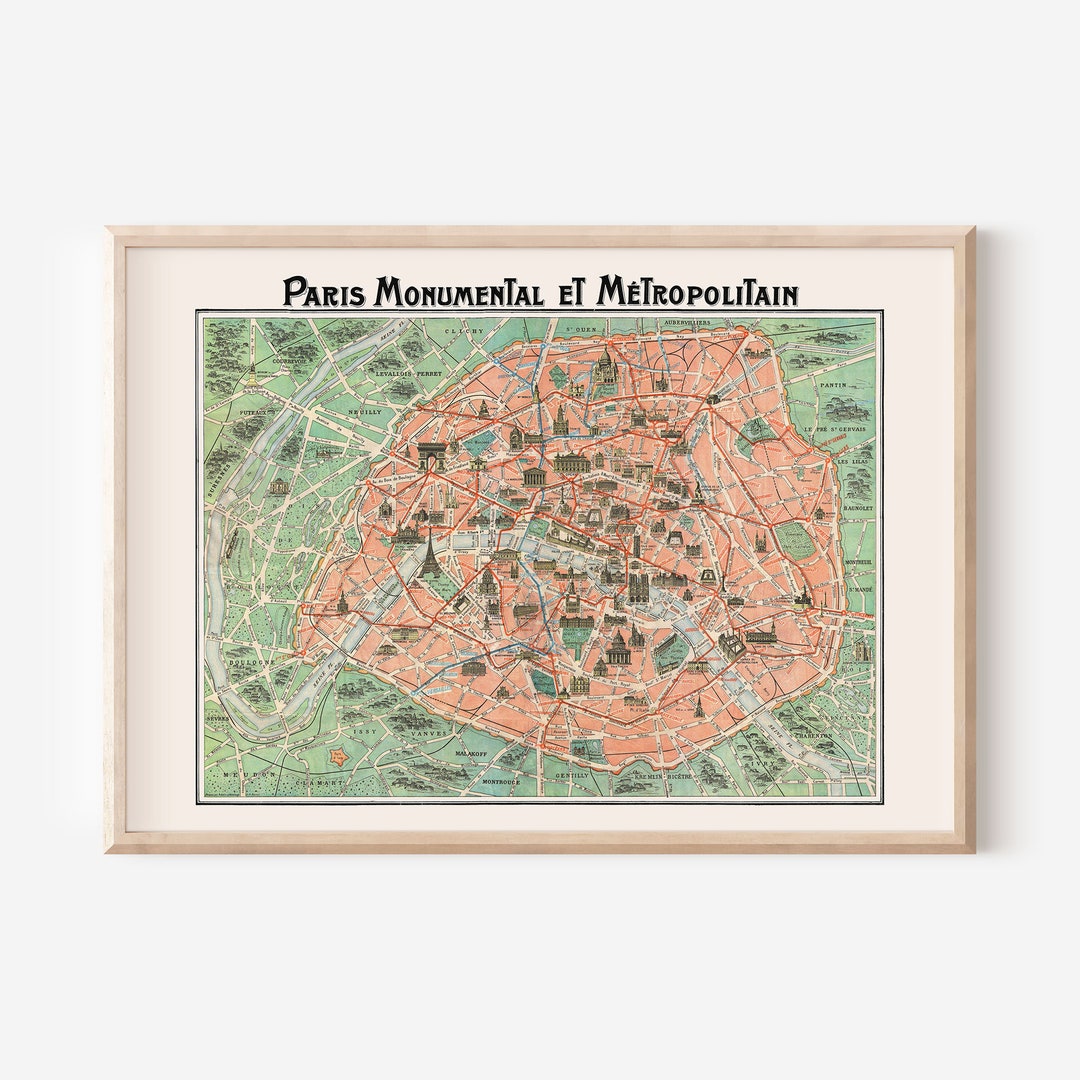 PARIS TOURIST MAP, Paris Monumental Map, Antique Home Decor, Antique ...
