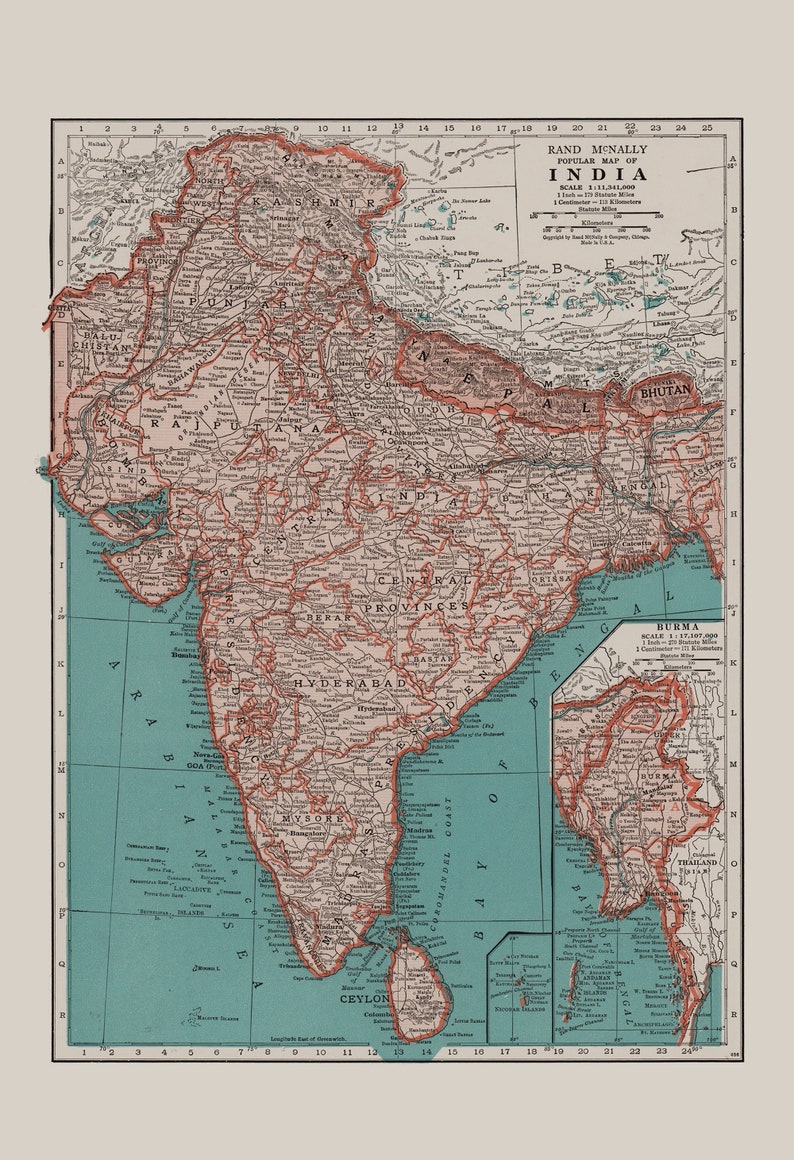 INDIA MAP PRINT Vintage Map of India Old Map Print - Etsy