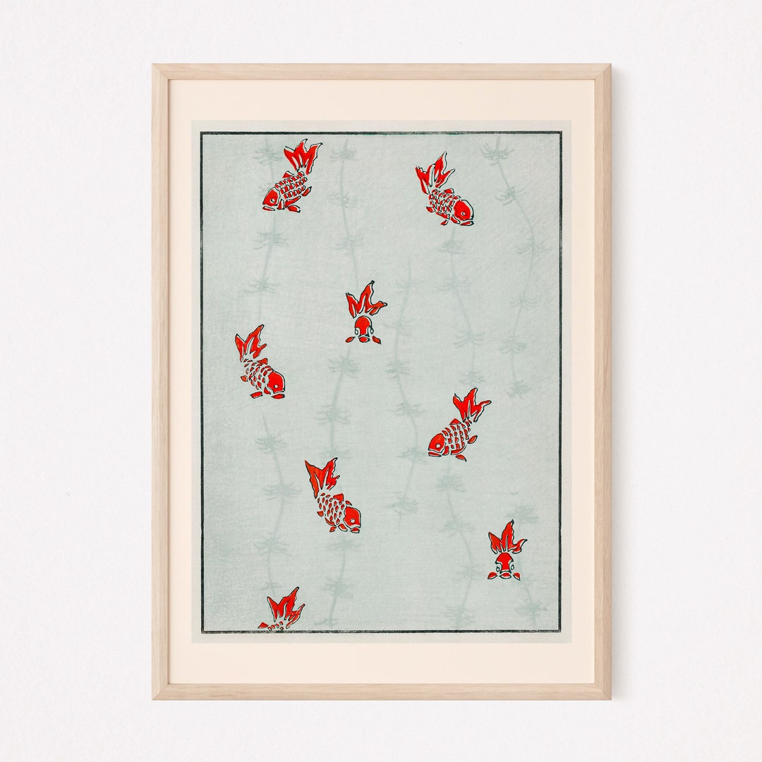 JAPANESE GOLDFISH PATTERN, Antique Japandi Artwork for Dining Room or ...