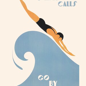 VINTAGE SWIMMING POSTER, Seaside Poster, Art Deco Travel Poster, Giclee ...