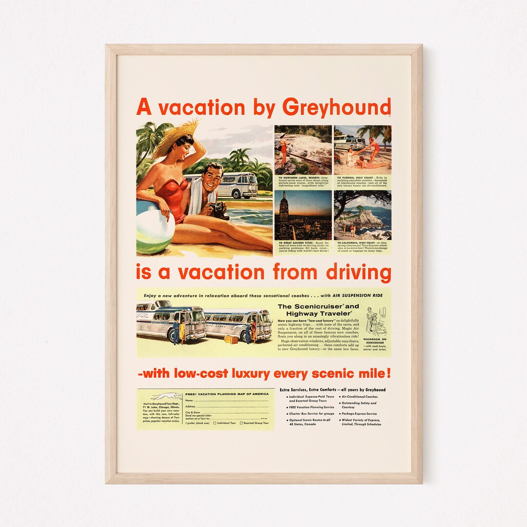 VINTAGE BUS TRAVEL Ad, Retro Travel Ad, Mid-century Poster Garage ...