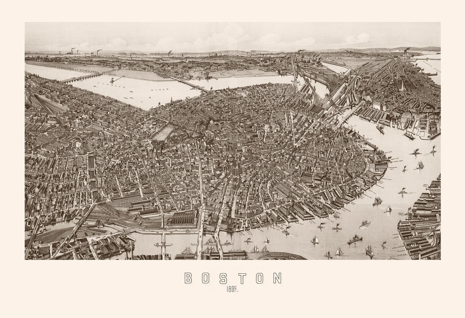ANTIQUE BOSTON ILLUSTRATION, Vintage Wall Art, Boston Perspective Map ...