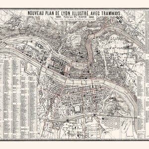 LYON TRAMWAY MAP, Historical Map of Lyon France, Tramway Map, Office ...
