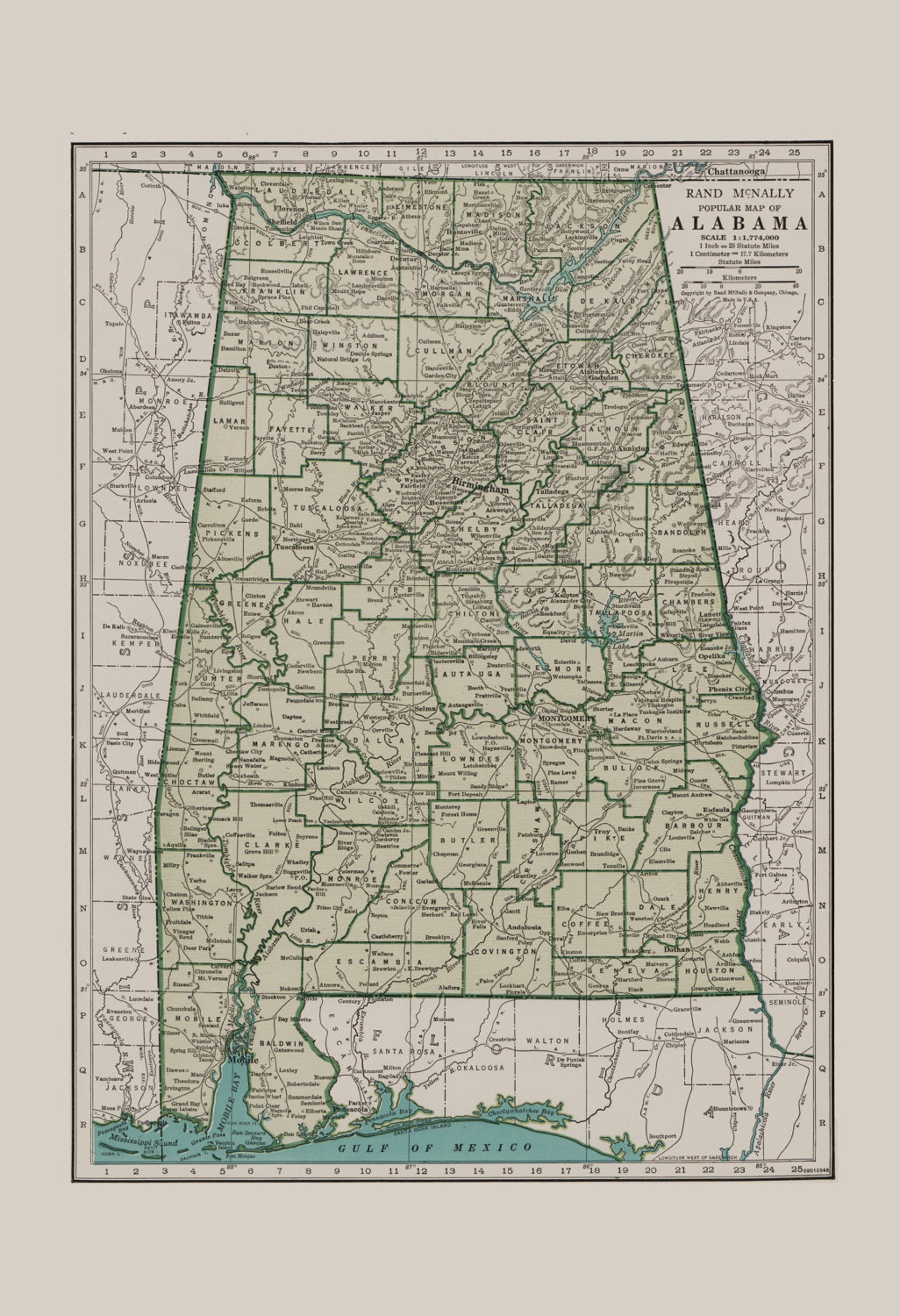 VINTAGE ALABAMA MAP Vintage Map of Alabama Wall Art | Etsy
