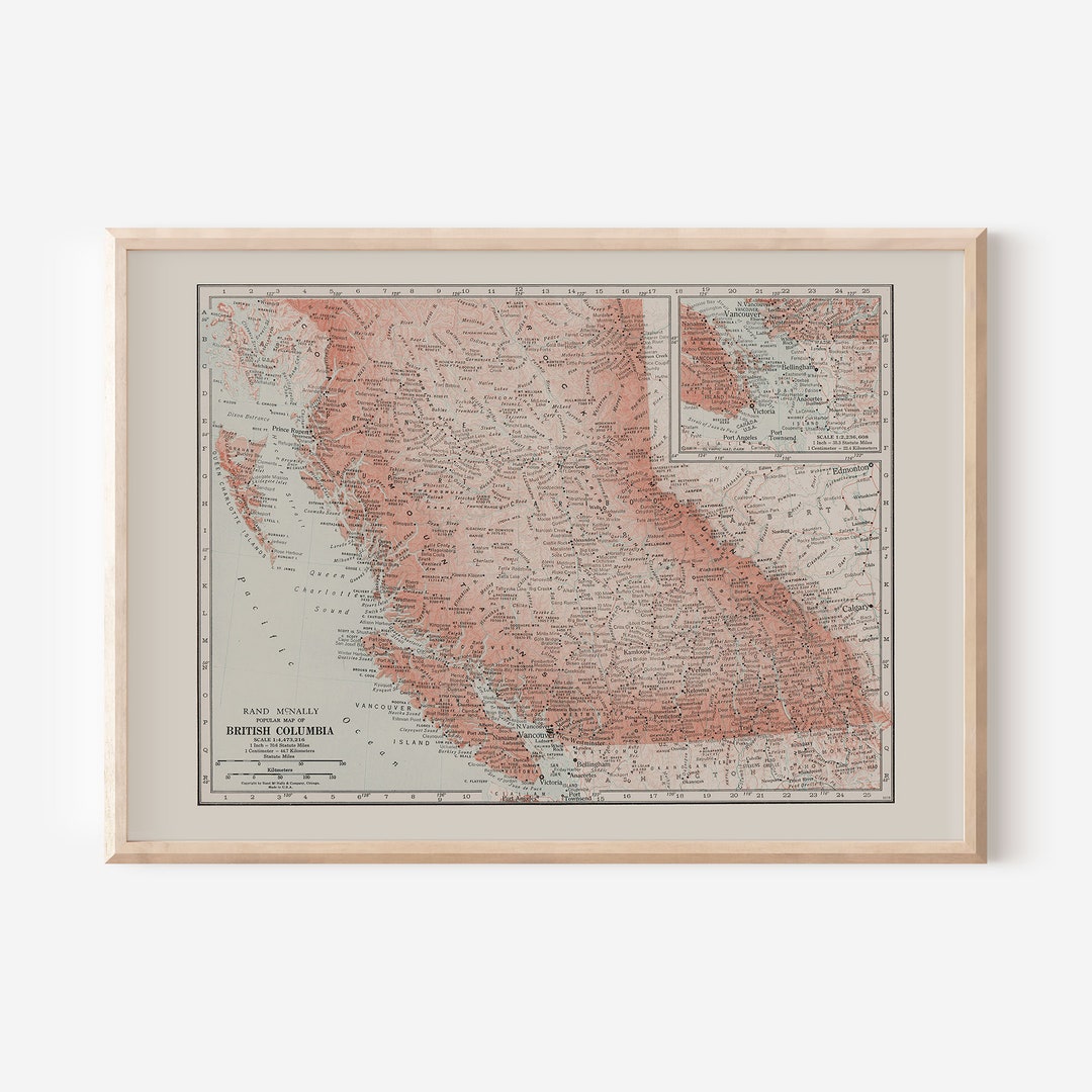 BRITISH COLUMBIA MAP, Vintage Map of B.C. Canada Wall Art, Vintage Map ...