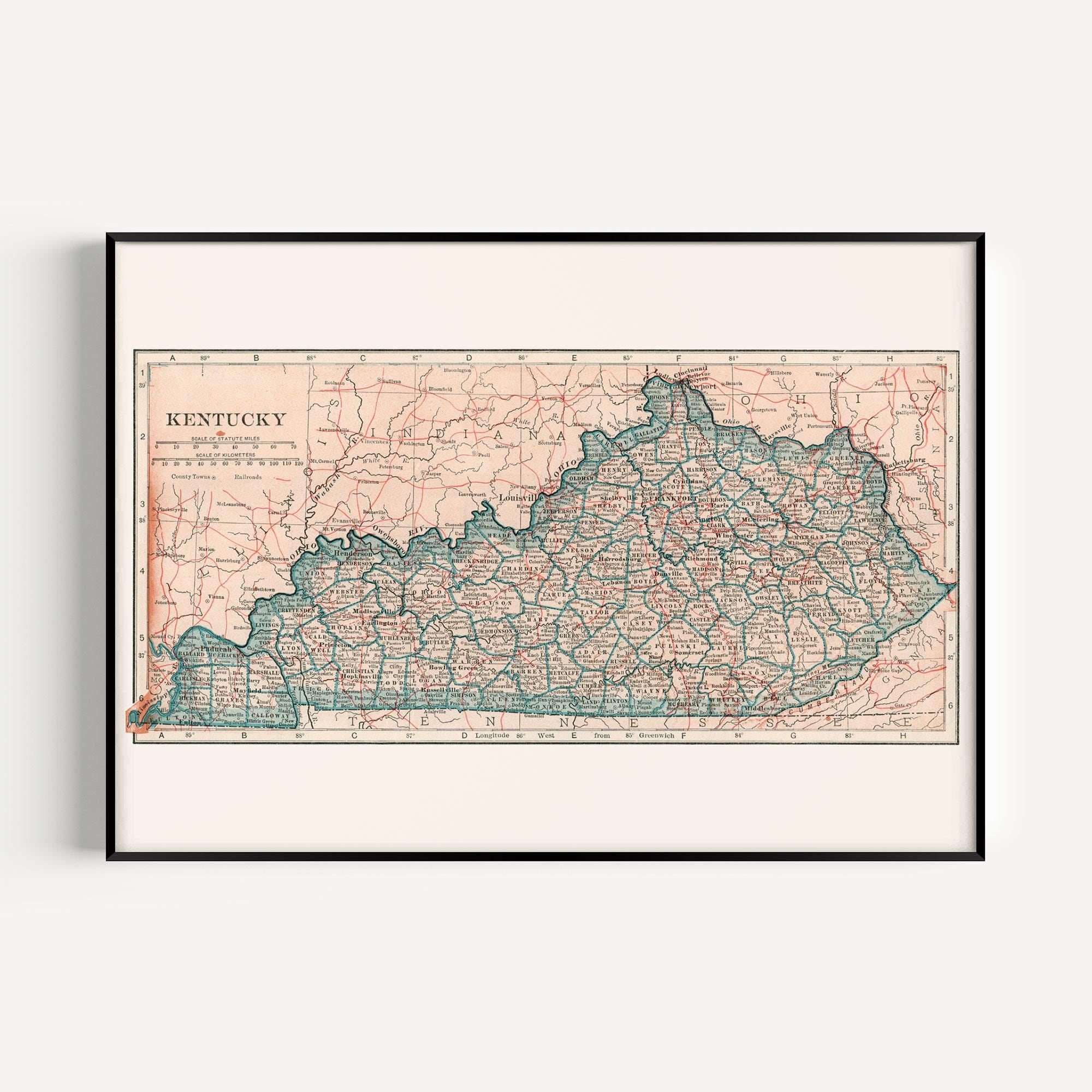 OLD KENTUCKY MAP, Vintage Map of Kentucky State, Retro Map Wall Art ...