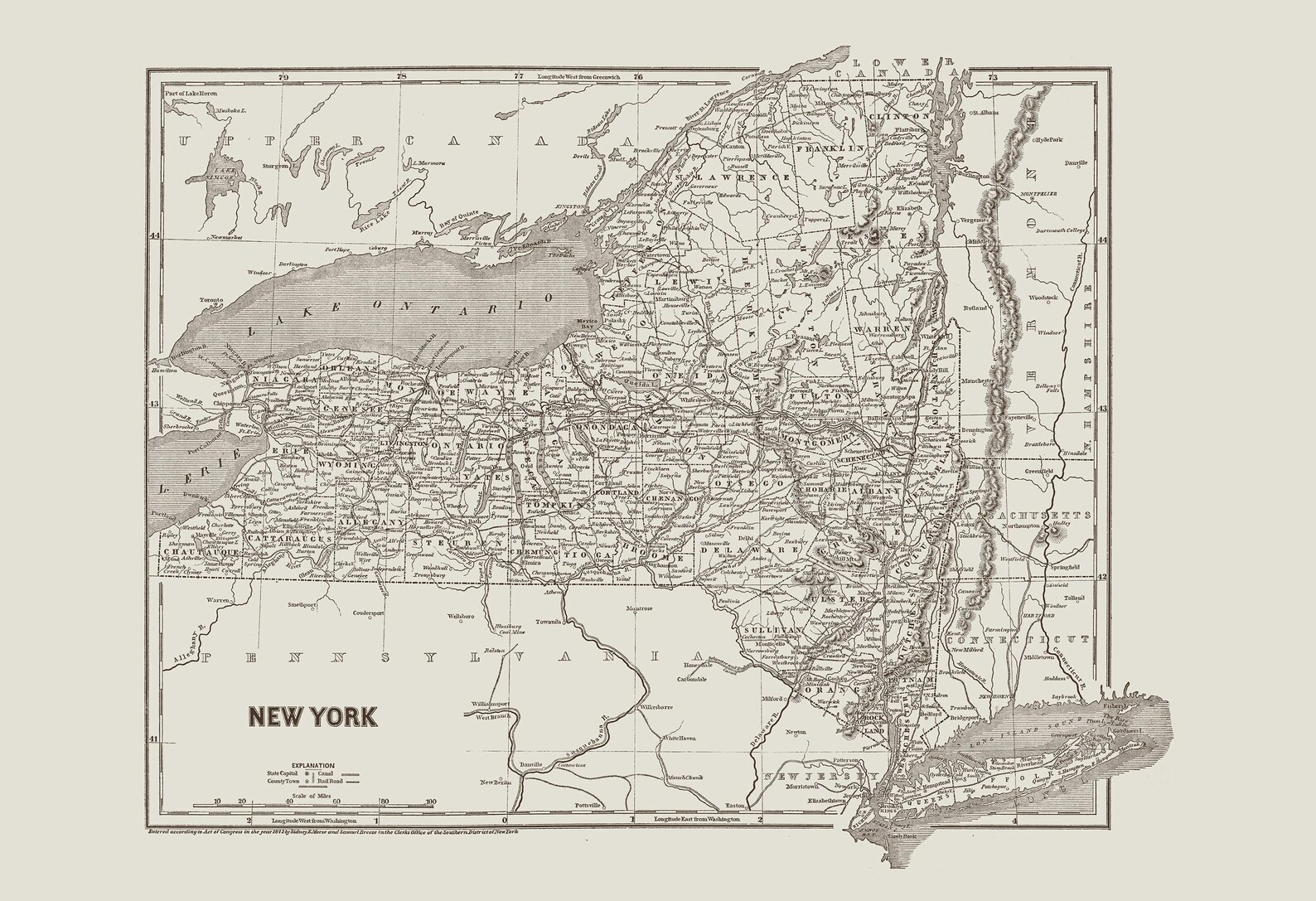 NEW YORK STATE Vintage Map, Antique Map of New York State, Professional ...