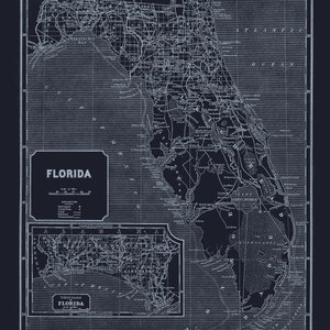 FLORIDA MAP, Blueprint Map of Florida, Vintage Map, Office Wall Art ...