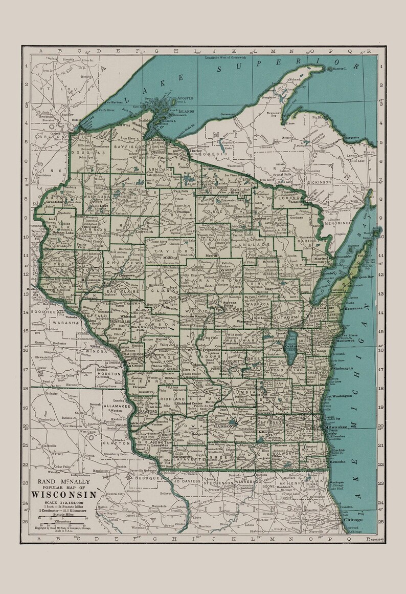 VINTAGE WISCONSIN MAP, Vintage Map of Wisconsin, Antique Map Print ...