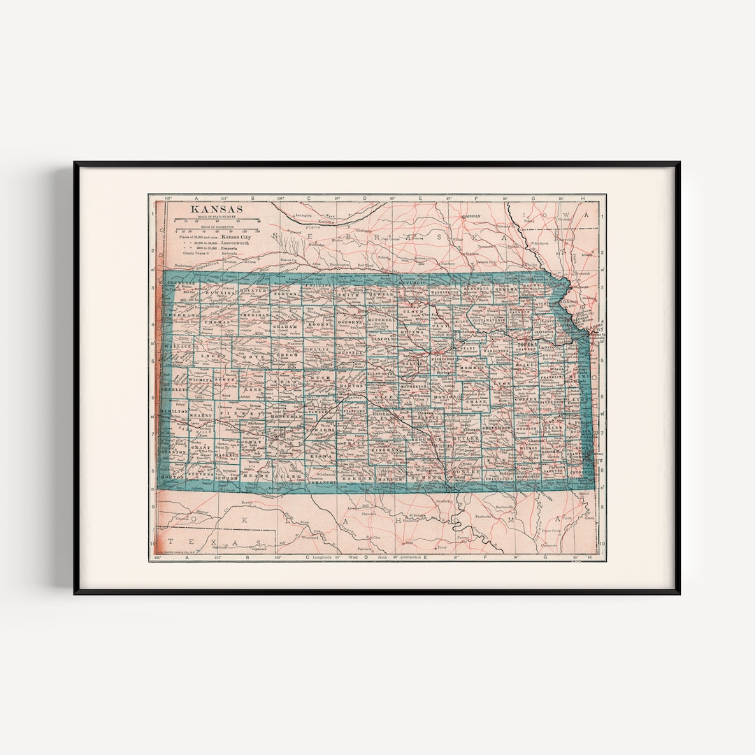 OLD KANSAS MAP, Vintage Map of Kansas, Retro Map Wall Art, Geography ...