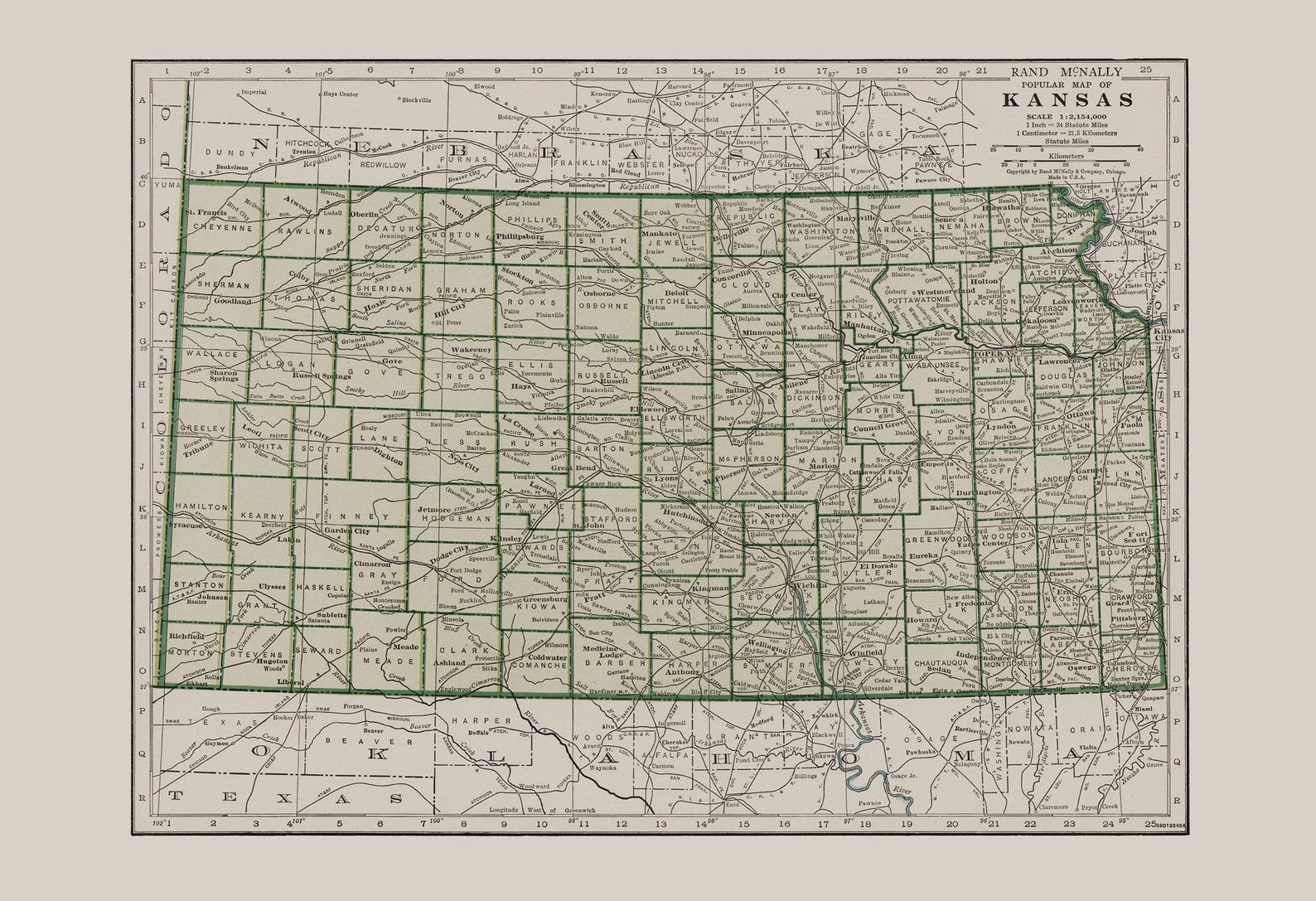 KANSAS MAP PRINT, Vintage Map of Kansas, Old Map Print, Vintage Wall ...