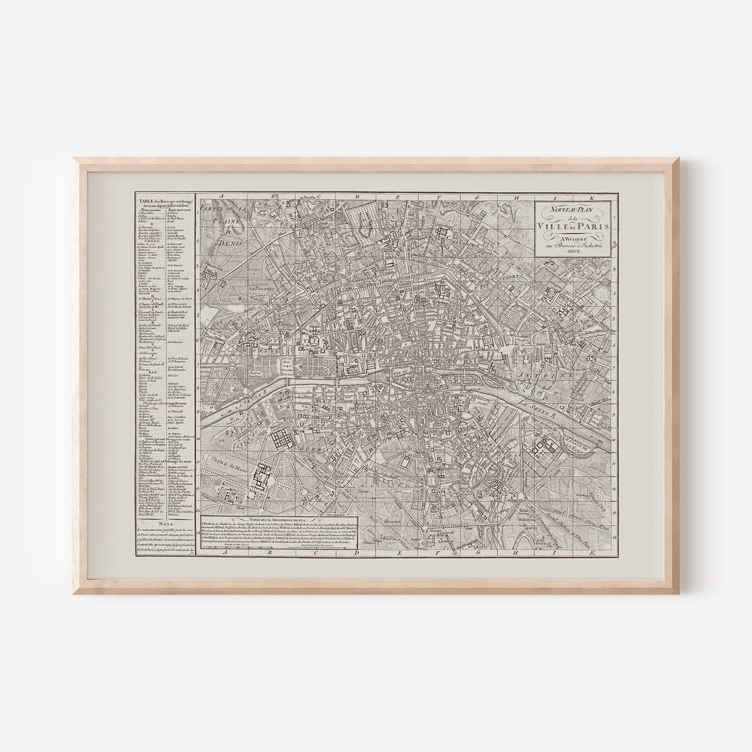 VINTAGE PARIS MAP, Historical Map of Paris France, Office Wall Art ...