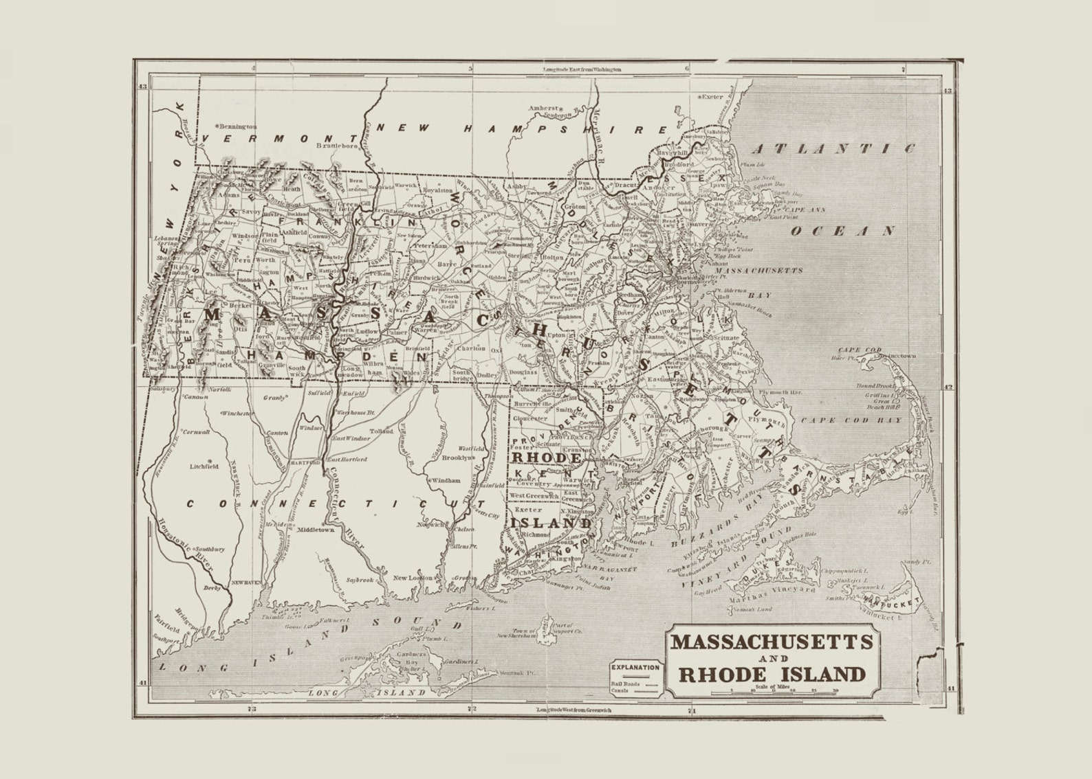 VINTAGE MASSACHUSETTS MAP Antique Map of Massachustetts and | Etsy