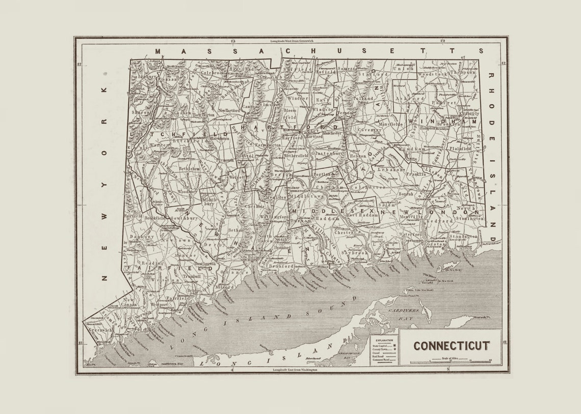 VINTAGE CONNECTICUT MAP Antique Map of Connecticut | Etsy