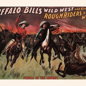 VINTAGE COWBOY POSTER, Western Art, Perils of the Cowboy, Buffalo Bill ...
