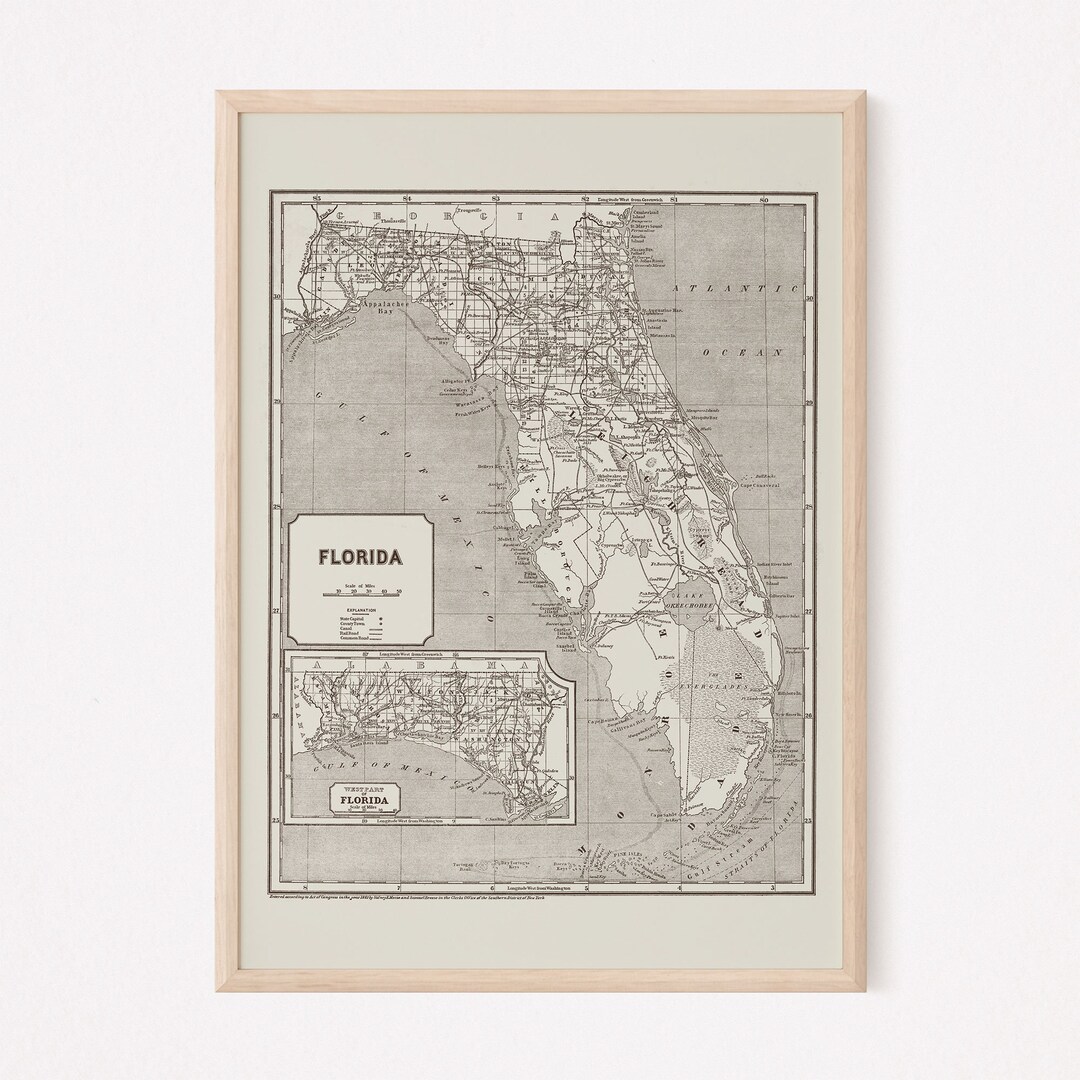 VINTAGE FLORIDA MAP, Vintage Florida Wall Art, Antique Florida Poster ...