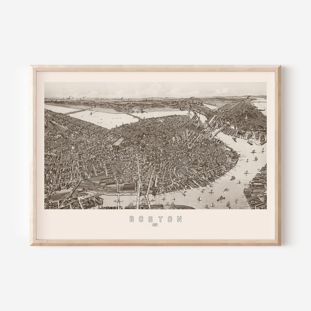 ANTIQUE BOSTON ILLUSTRATION, Vintage Wall Art, Boston Perspective Map ...