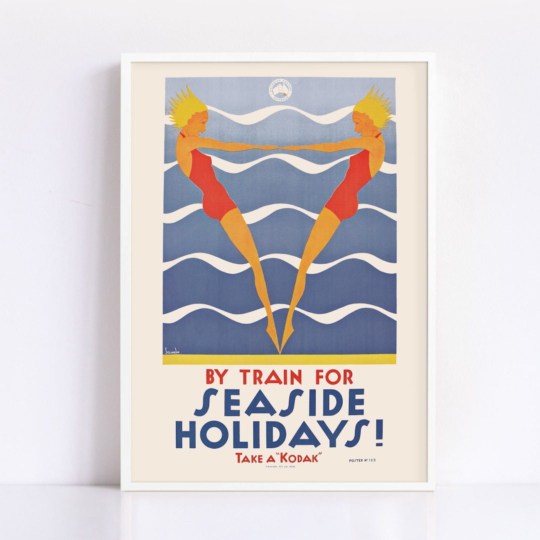 Aquatic Travel Poster, Retro Seaside Ad, 1930s Nautical Print Beach ...