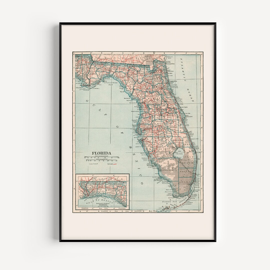 OLD FLORIDA MAP, Vintage Map of Florida, Retro Map Wall Art, Geography ...
