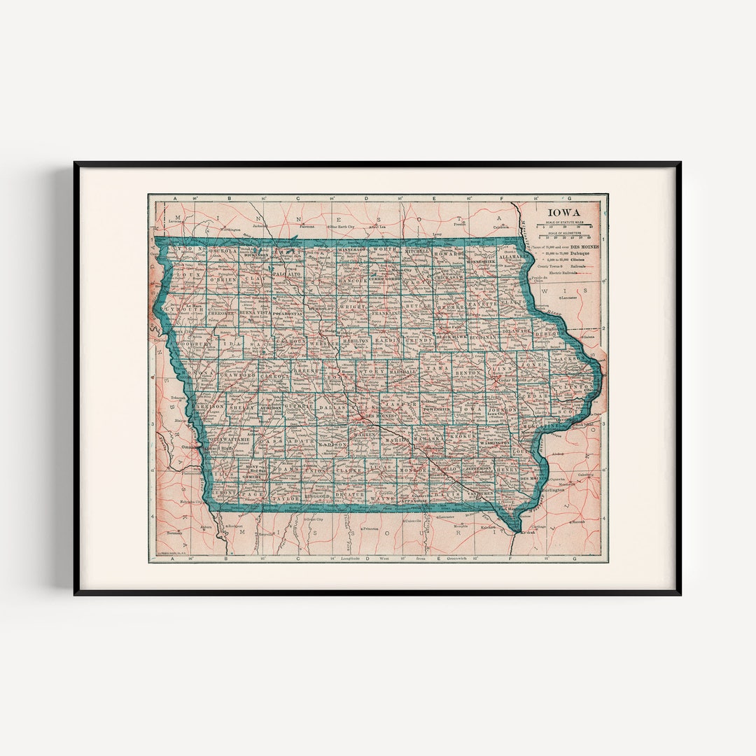 OLD IOWA MAP, Library Nook Decor, Vintage Map Wall Art, Retro Map Wall ...