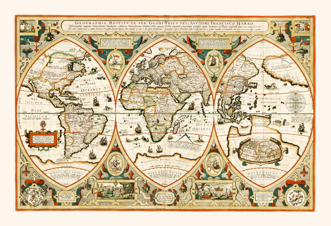 ANTIQUE WORLD MAP 1618 Franciscus Haraeus Map Antique Map | Etsy