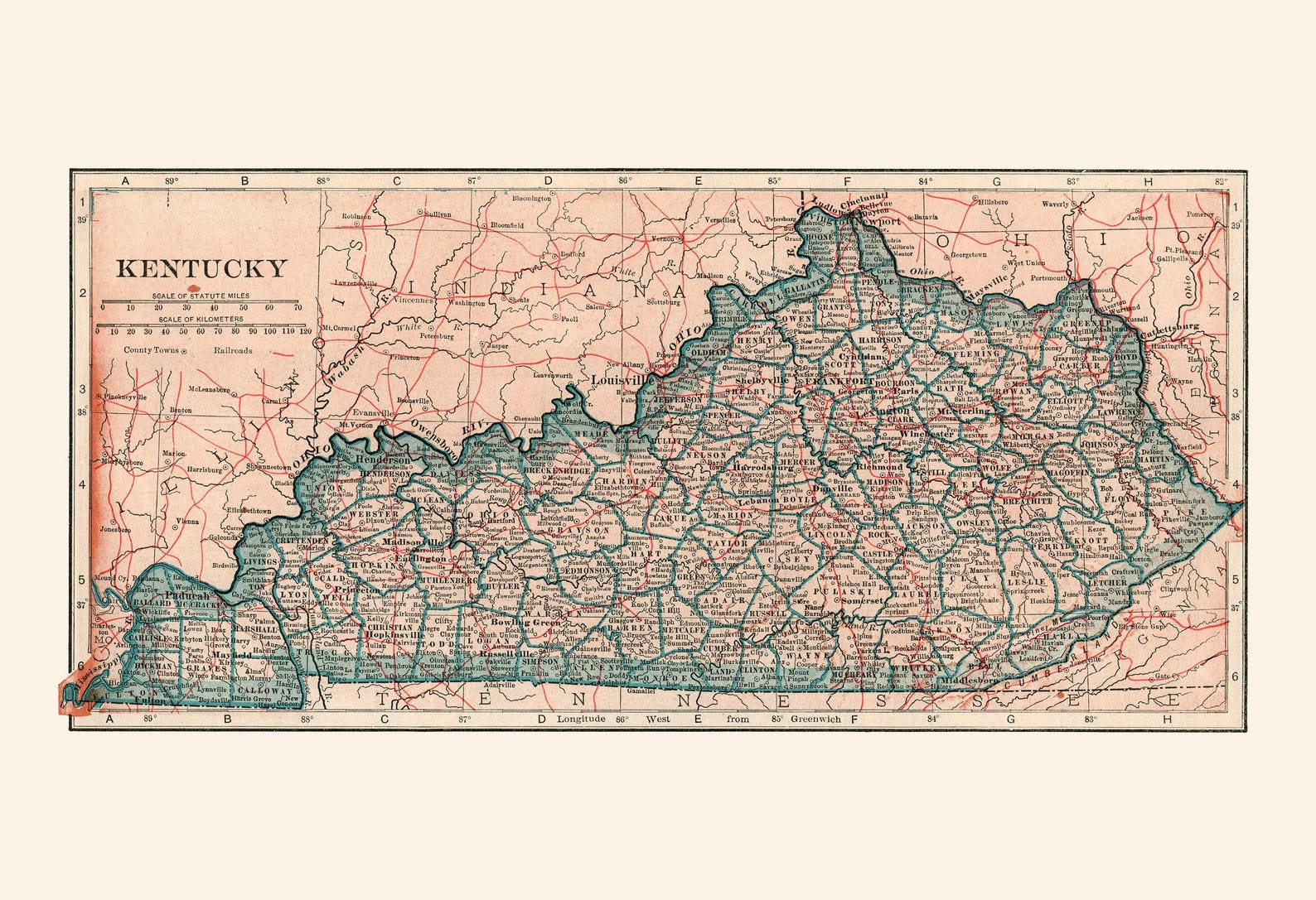 OLD KENTUCKY MAP, Vintage Map of Kentucky State, Retro Map Wall Art ...