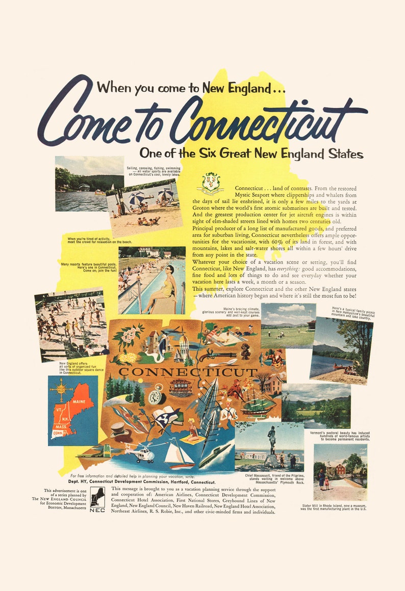 Connecticut RETRO TRAVEL AD Retro Mid-century Ad Vintage - Etsy