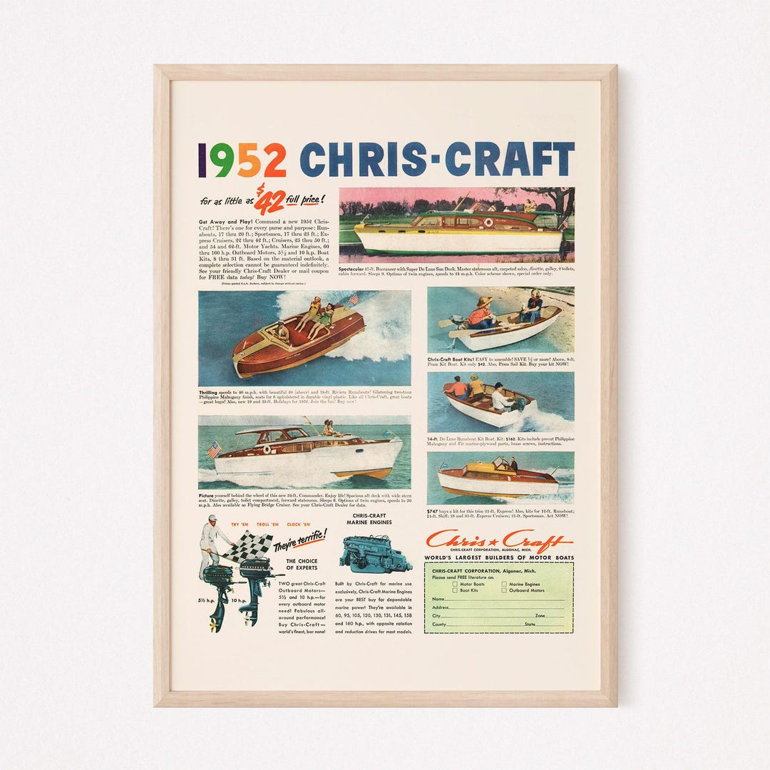 1950s BOAT POSTER, Retro Motorboat Ad, Beach House Art, Nautical Art ...