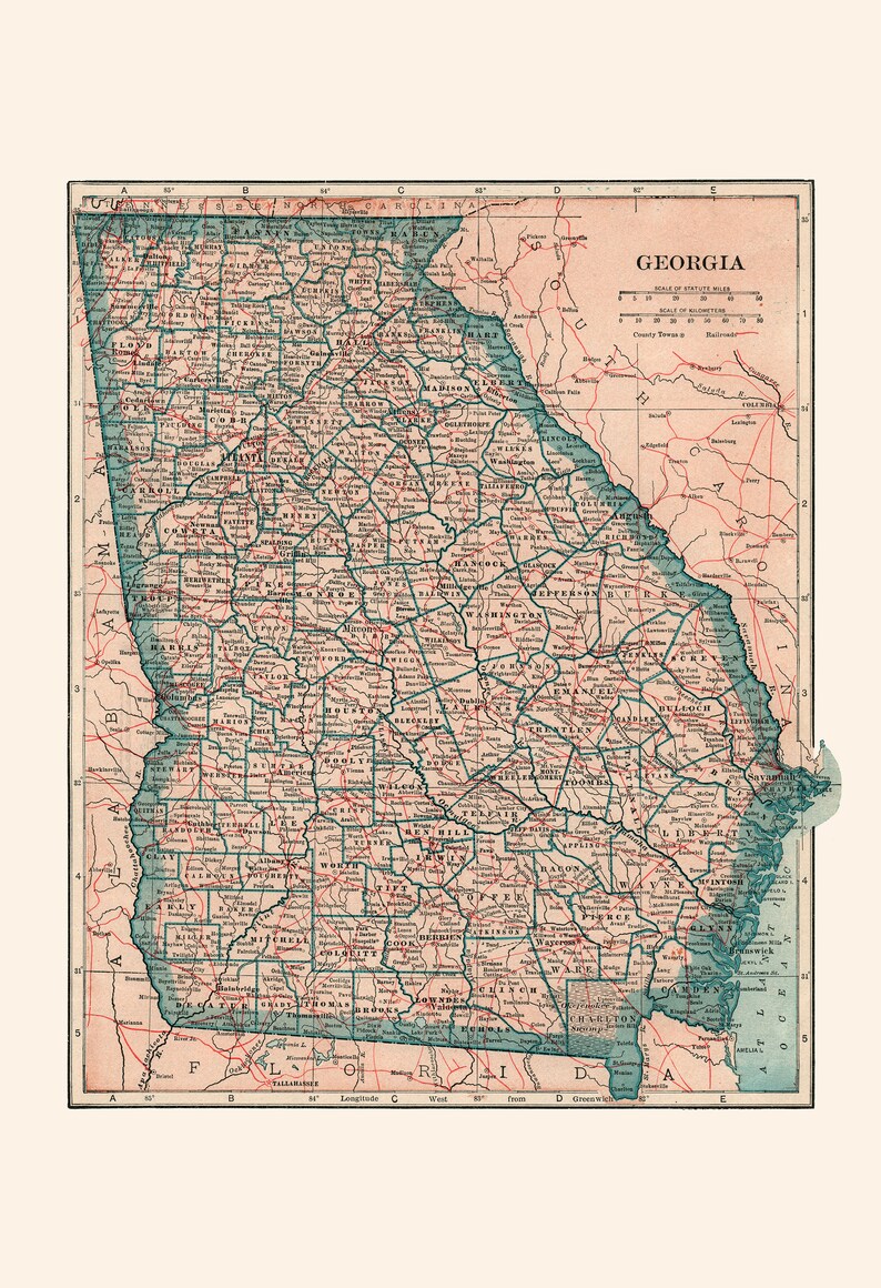 OLD GEORGIA MAP Vintage Map of Georgia State Retro Map Wall - Etsy