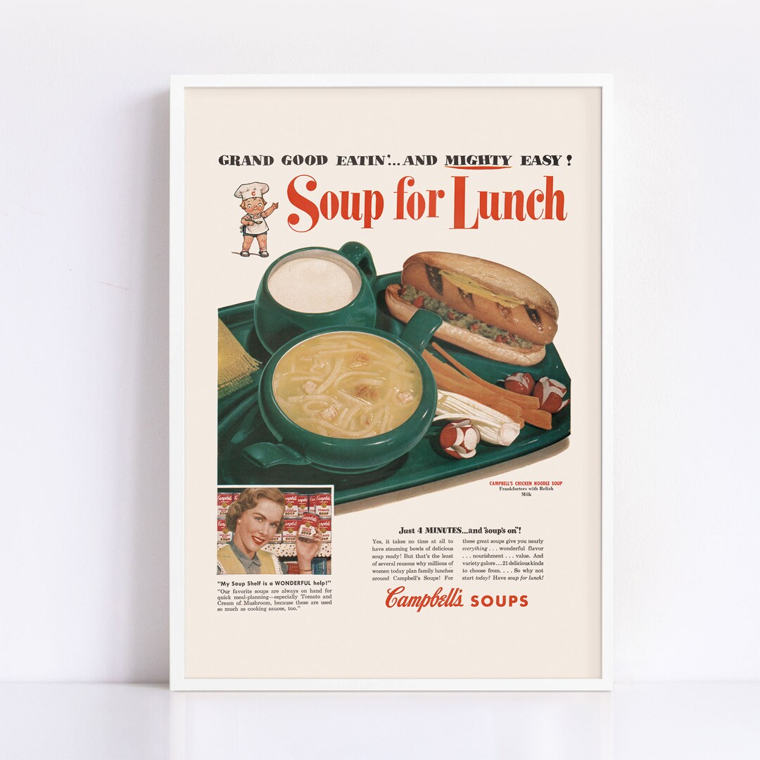 SOUP FOR LUNCH Poster, Canned Soup Ad, Vintage Ad, Lunch Room Poster ...