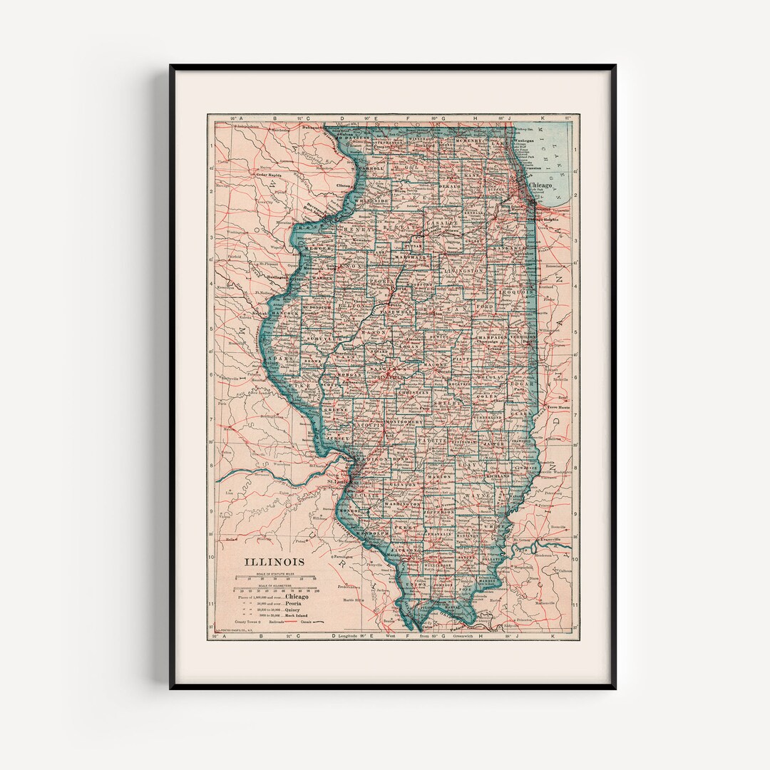 OLD ILLINOIS MAP, Prairie State Map, Travel Posters, Vintage Home Decor ...